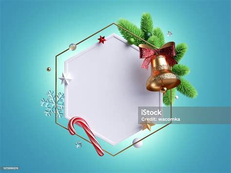 3d 렌더링 빈 둥근 프레임 크리스마스 배경 황금 종 유리 공 축제 장식으로 장식 된 가문비 나무 화환 파란색으로 고립 된