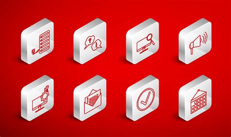 라인 캘린더 질문 및 느낌표 컴퓨터 모니터 진단 확성기 원 안의 확인 표시 서버 봉투 및 서비스 아이콘을 설정합니다 벡터 3차원