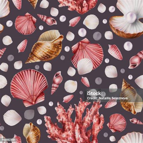 산호 조개 진주가 있는 수채화 이음매 없는 패턴 손으로 그림을 그리는 클립아트 수중 생물은 흰색의 고립된 배경에 있다 디자이너 장식 엽서 포장지 스크랩북 표지 초대장 웨딩