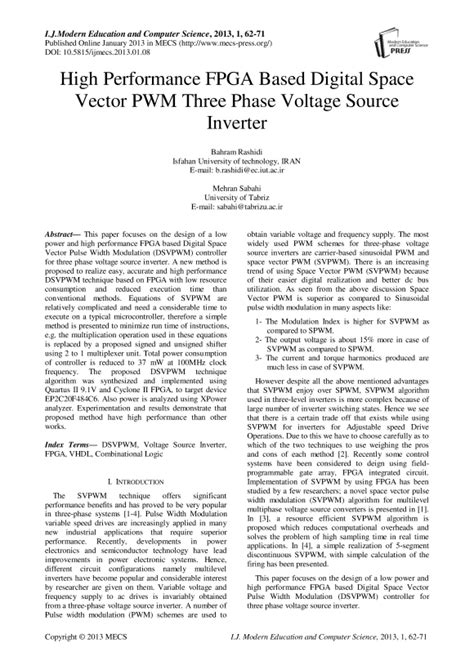 High Performance Fpga Based Digital Space Vector Pwm Three Phase