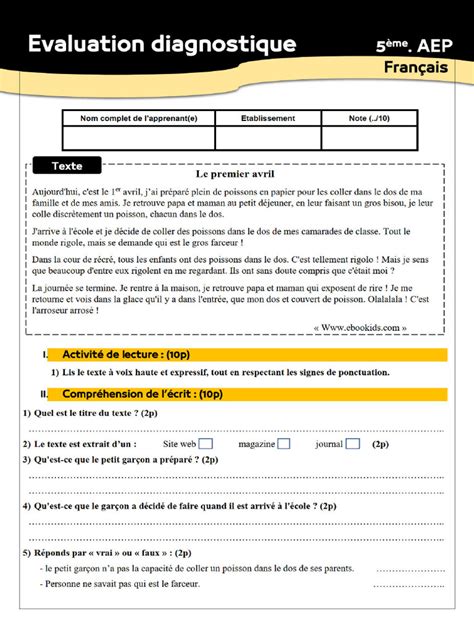 Evaluation Diagnostique 5ème Aep Pdf