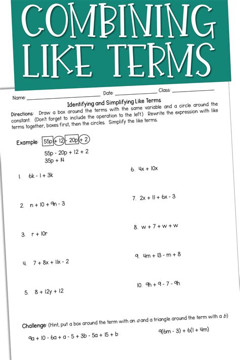 Combining Like Terms Worksheet E Streetlight Com