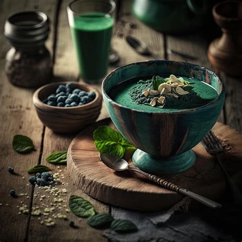 Premium Photo Fresh Spirulina Drink In Glass Spirulina Powder In Bowl