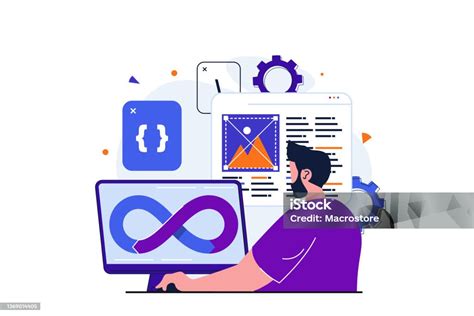 웹 배너 디자인을 위한 현대적인 평면 컨셉을 작업하는 프로그래머 개발자는 소프트웨어 및 프로그래밍 코드를 만듭니다 관리자는