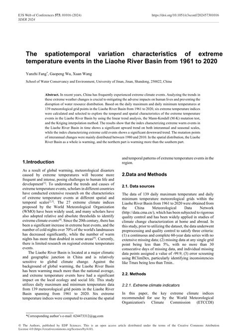 Pdf The Spatiotemporal Variation Characteristics Of Extreme Temperature Events In The Liaohe