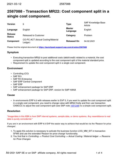 Transaction Mr22 Cost Component Split In A Single Cost Component Pdf