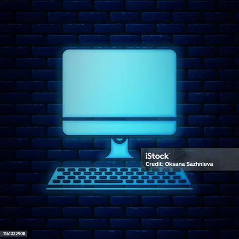 벽돌 벽 배경에 격리 키보드 아이콘 빛나는 네온 컴퓨터 모니터 Pc 구성 요소 기호입니다 벡터 일러스트레이션 컴퓨터에 대한 스톡 벡터 아트 및 기타 이미지 Istock