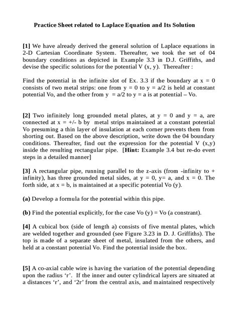 Practice Sheet Laplace Equation Pdf Teaching Methods And Materials