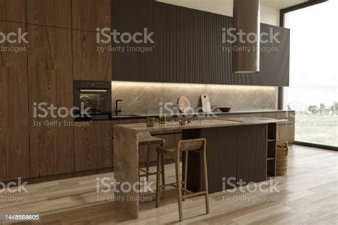 어두운 색상의 현대적인 주방 로프트 스타일을 갖춘 고급 아파트 대형 창문이 있는 세련되고 현대적인 객실 공간 3d 렌더링