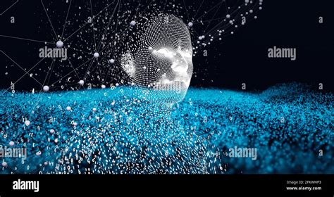 Composition Of Human Bust Formed With Grey Particles Over Network Of Connections And Blue Mesh