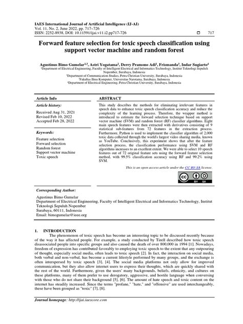 Forward Feature Selection For Toxic Speech Classification Using Support Vector Machine And