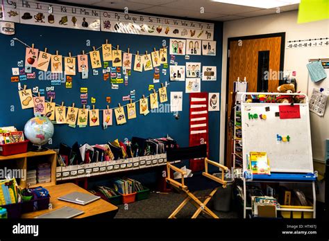 Kindergarten Classroom Showing Teaching Aids And Alphabet Cards Stock