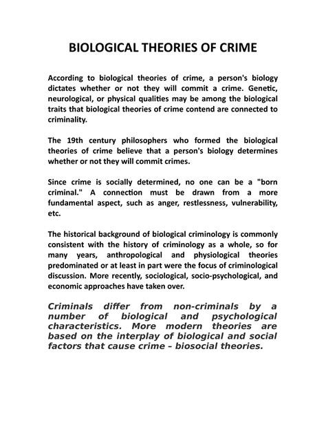 Biological Theories OF Crime BIOLOGICAL THEORIES OF CRIME According