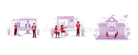 Newsreaders Do Live Broadcasts Young Manager Presenting In Front Of Employees Using A Mic Stock Newsreaders Do Live Broadcasts Young Manager Presenting In Front Of Employees Using A Mic Stock