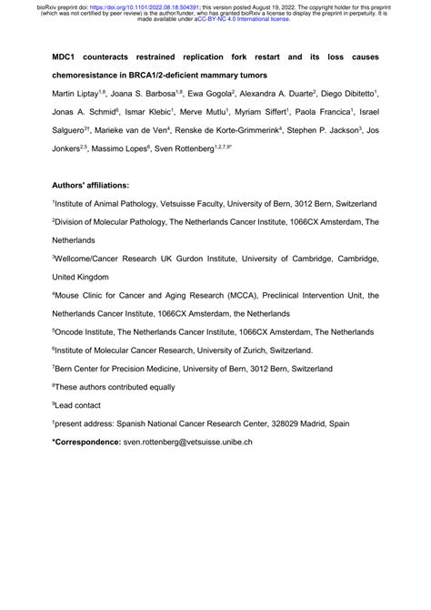 Pdf Mdc1 Counteracts Restrained Replication Fork Restart And Its Loss