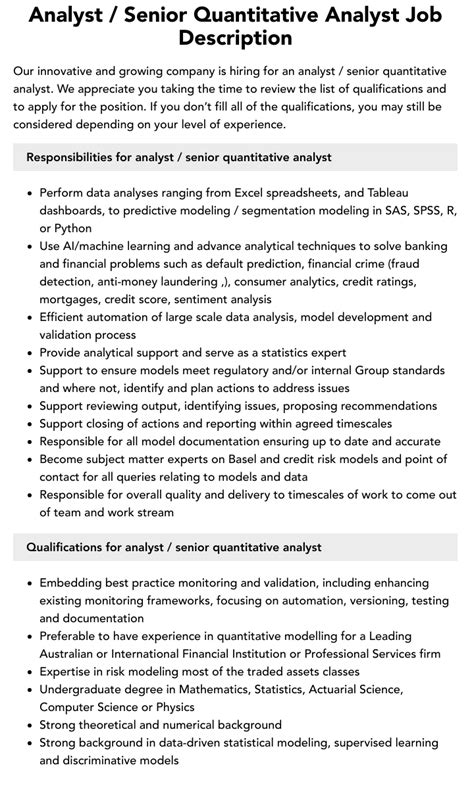 Analyst Senior Quantitative Analyst Job Description Velvet Jobs
