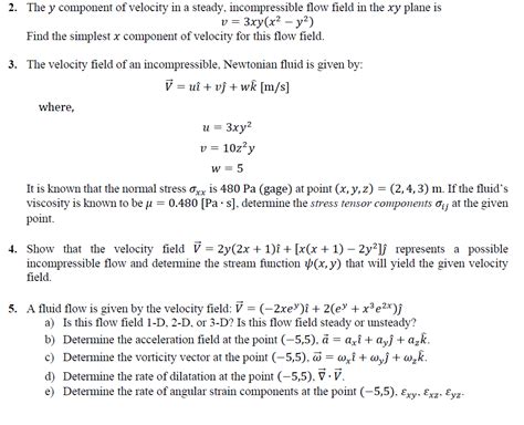 solved 2 the y component of velocity in a steady