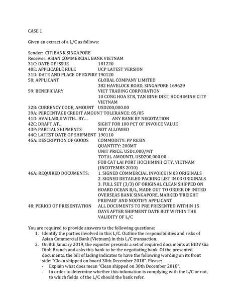 Practice With LC Case 1 CASE 1 Given An Extract Of A L C As Follows Sender CITIBANK