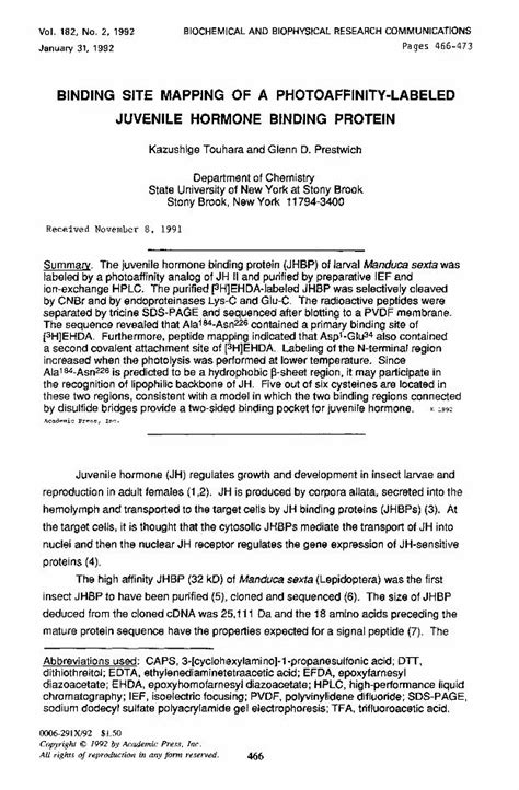 Pdf Binding Site Mapping Of A Photoaffinity Labeled Juvenile Hormone