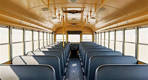 School Bus Interior With Empty Seats And A Rear Window View Stock
