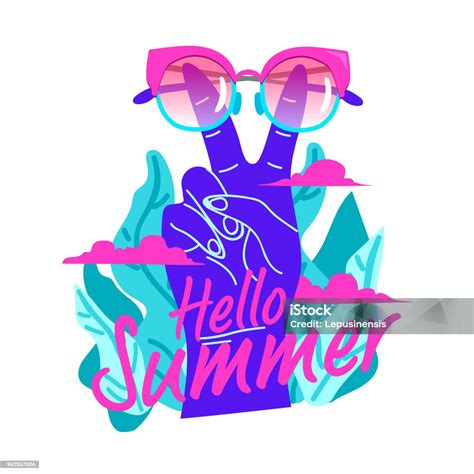 안녕하세요 여름 승리 손 기호 및 다듬을된 개념 포스터 인사말 카드 초대장 포스터 배너 T셔츠 벡터 일러스트 레이 션에 대 한 예술적 현대적인 디자인 해변에 대한 스톡 벡터