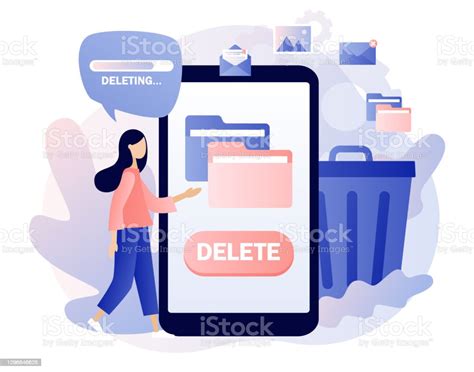 개념을 삭제합니다 스마트 폰에 데이터를 삭제 작은 여자 불필요한 파일을 휴지통으로 이동합니다 디지털 메모리 청소 현대 플랫 만화