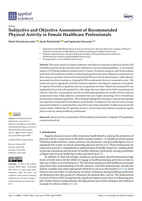 Pdf Subjective And Objective Assessment Of Recommended Physical Activity In Female Healthcare