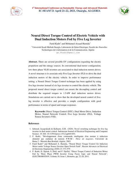 Pdf Neural Direct Torque Control Of Electric Vehicle With Dual Induction Motors Fed By Five