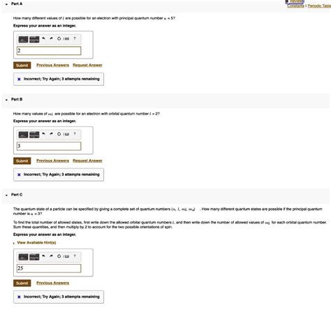Part A How Many Different Values Of L Are Possible For An Electron With