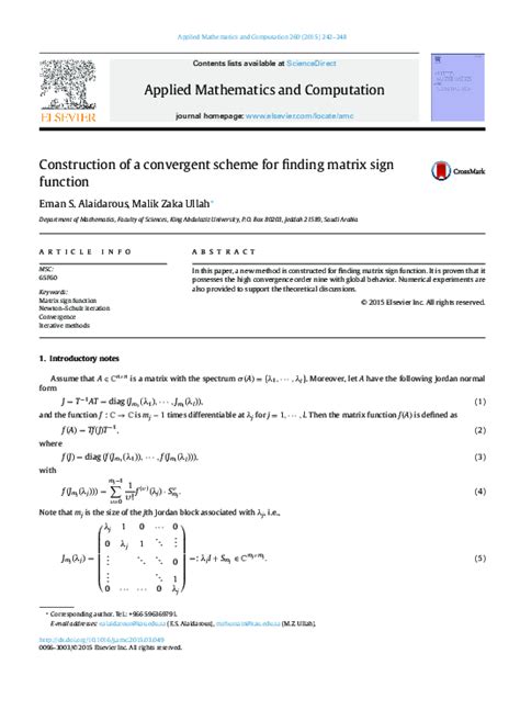 Pdf Construction Of A Convergent Scheme For Finding Matrix Sign Function
