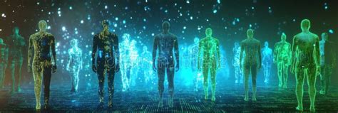 Exploring A Digital Realm Filled With Human Silhouettes And Floating Matrix Code In A Cybernetic