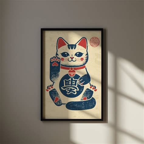 Vintage Maneki Neko Digital Art Print Japanese Lucky Cat Poster