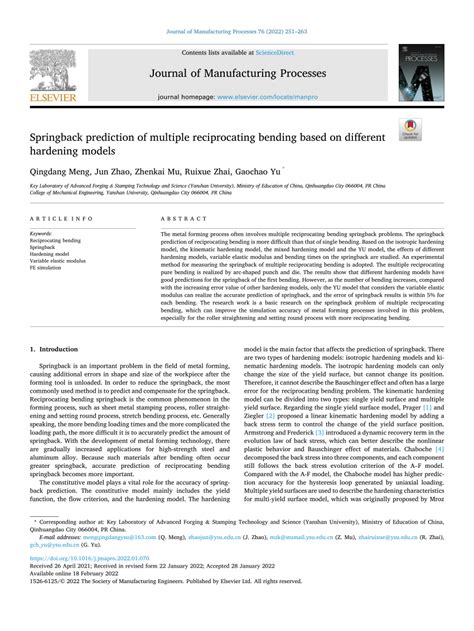 Pdf Springback Prediction Of Multiple Reciprocating Bending Based On Different Hardening Models