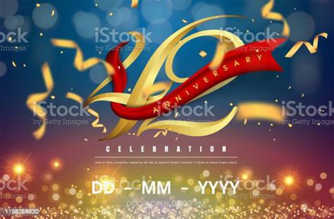 금과 파란색 배경에 42 주년 기념 로고 템플릿 빨간색 리본 벡터와 색종이 고립 된 디자인 요소로 황금 숫자를 축하하는 42