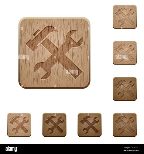 set of carved wooden tools buttons 8 variations included arranged
