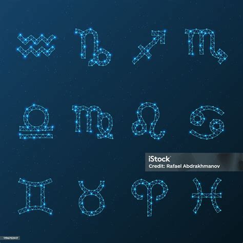 조디악 벡터 낮은 다각형 아이콘은 공간 배경에 설정합니다 점성술 별자리 별 표지판입니다 추상 삼각형 와이어 프레임 메쉬로 연결된 천문학 별 기호입니다 0명에 대한 스톡 벡터