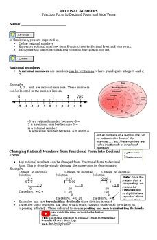 Rational Numbers Fraction To Decimal And Vice Versa Lesson And Activities