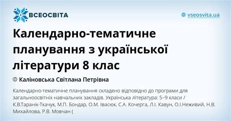 Календарно тематичне планування з української літератури 8 клас КТП Українська література
