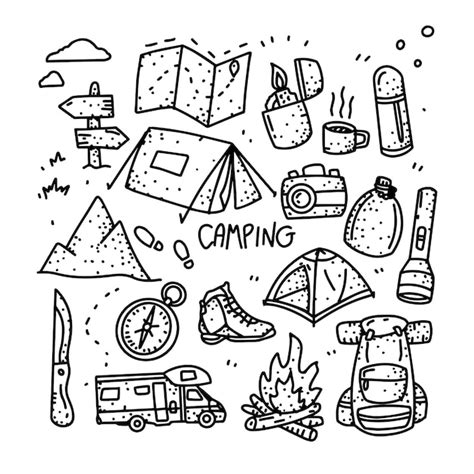 낙서 캠핑 라인 아트 요소 클립 아트 프리미엄 벡터