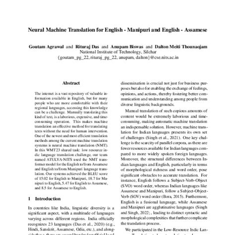 Neural Machine Translation For English Manipuri And English Assamese Acl Anthology