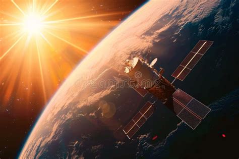 Orbiting Space Satellite With Solar Panels Sunlight Reflecting Off Earths Surface Stock