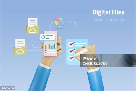 클라우드 컴퓨팅을 통해 전송된 디지털 폴더 및 파일 공유 작업을 하는 사업가 스마트 작업을 위한 모바일 및 태블릿 장치의 무선 기술 3d 벡터 3차원 형태에 대한 스톡 벡터