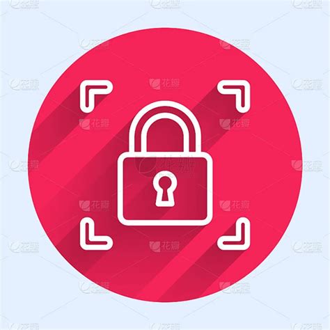 白色线指纹锁图标隔离与长阴影。id的应用图标。识别标志。触摸id。红色圆圈按钮。向量素材 花瓣网
