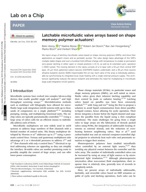 Pdf Latchable Microfluidic Valve Arrays Based On Shape Memory Polymer Actuators