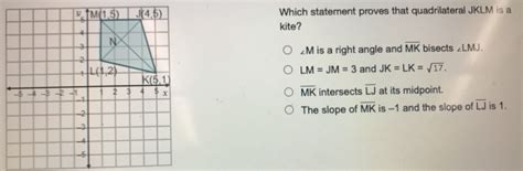 Solved Which Statement Proves That Quadrilateral Jklm Is A Kite ∠ M Is A Right Angle And