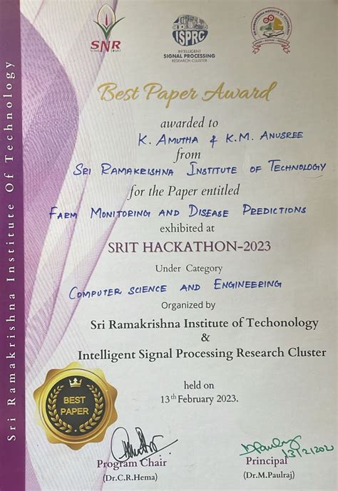 Hackathon Innovation Bestpaperaward Srit Achievement Amutha Kalimuthu