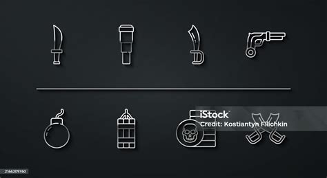 세트 라인 해적 검 폭발 준비 폭탄 빈티지 권총 동전 다이너마이트 폭탄 망원경 망원경 렌즈 교차 해적 검 및 아이콘 벡터 가방에 대한 스톡 벡터 아트 및 기타 이미지