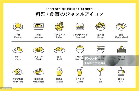 일본어의 의미는 요리 장르의 아이콘 세트입니다 이것은 미식가의 범주와 종류에 대한 그림입니다 일본 음식 양식 요리 중국 요리 이탈리아 음식 등의 아이콘이 있습니다 카레에
