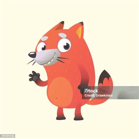 귀여운 만화 폭스 마스코트 캐릭터입니다 벡터 일러스트 레이 션의 오렌지 흔들며 핸드 여우 백색에 절연 되어 있습니다 어린이 서 스티커 인쇄 또는 배너에 대 한 문자 여우에
