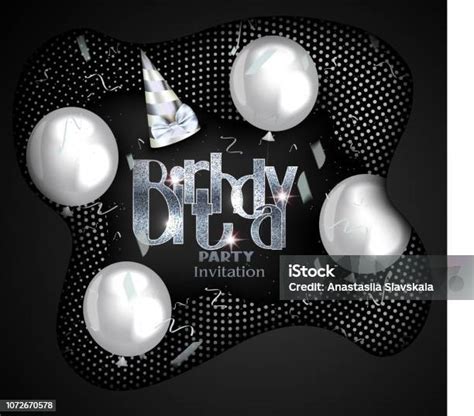 생일 파티 실버 초대 카드 공기 풍선 및 질감된 배경 벡터 일러스트 레이 션 생일에 대한 스톡 벡터 아트 및 기타 이미지 생일 파티 초대장 Istock